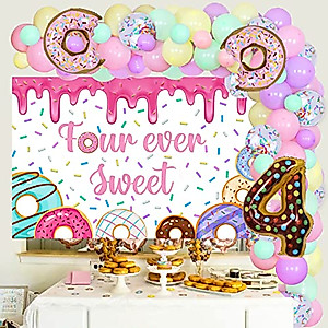 Donut 4th Birthday Party Decorations, Four Ever Sweet Birthday Decorations - Macaron Balloon Garland Kit with Doughnut Foil Balloons, 5 x 3 Ft Donut Backdrop, Number 4 Foil Balloon