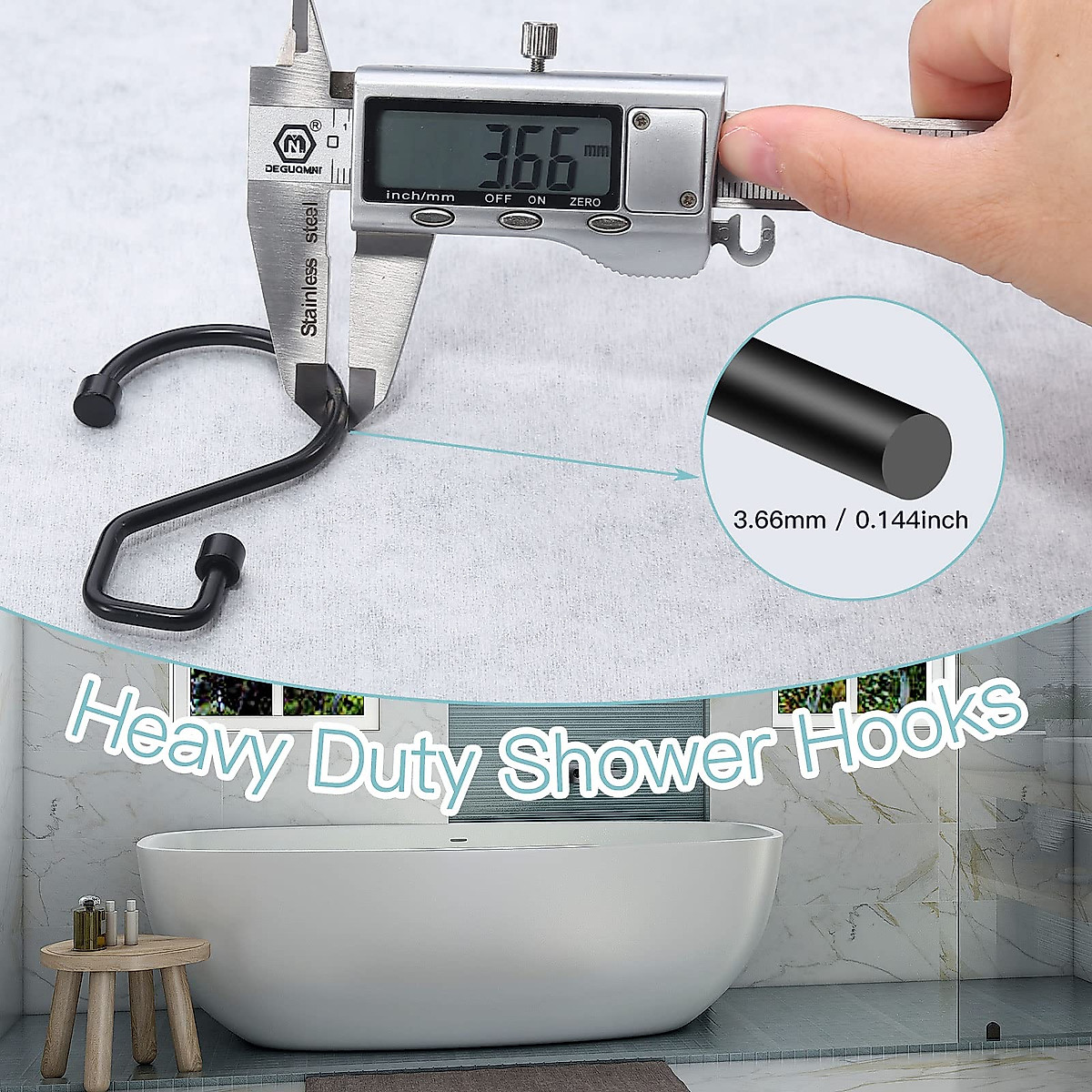 Goowin Shower Curtain Hooks, 12 Pcs S Shape Shower Curtain Rings, Rustproof Black Shower Curtain Rings, Multi-Functional Shower Hooks for Shower Curtain, Kitchen Utensils, Clothing, Towels, Black