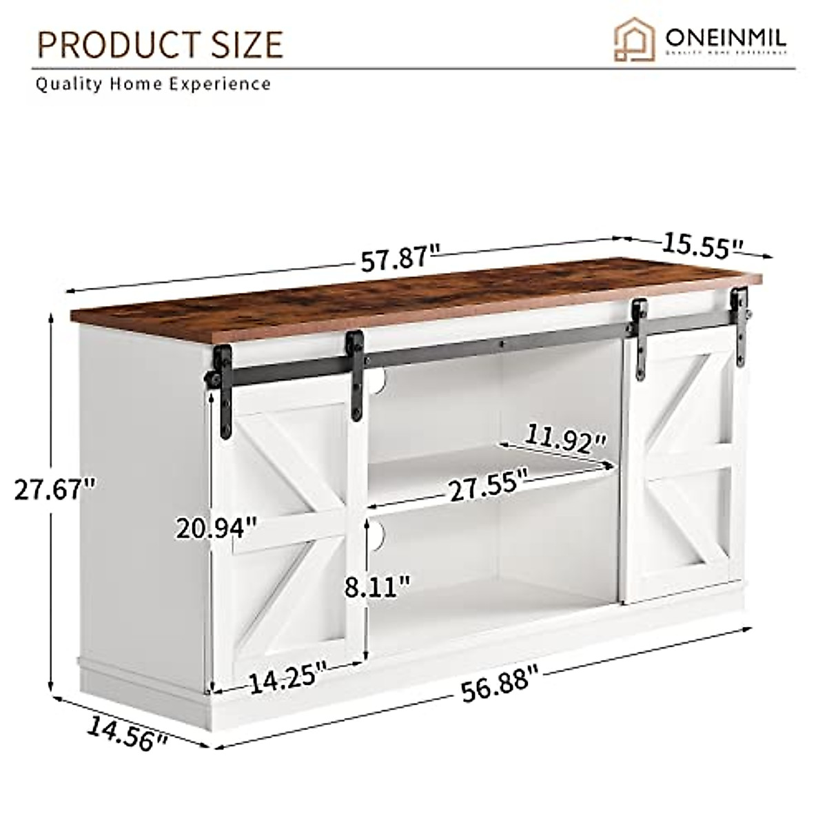 oneinmil Farmhouse TV Stand for 65 Inch TVs, Modern Rustic Entertainment Center with Sliding Barn Door and Storage Cabinets, Metal Media TV Console with Shelf for Living Room, 58 Inch,White