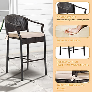 FHFO 3 Piece Outdoor Patio Heigh Bar Table and Chairs Set, Wicker Bar Height Bistro Table Set of 2, All-Weather Rattan Height Bar Stools w/Cushions & Metal Table Top for Porch, Garden, Balcony-Beige