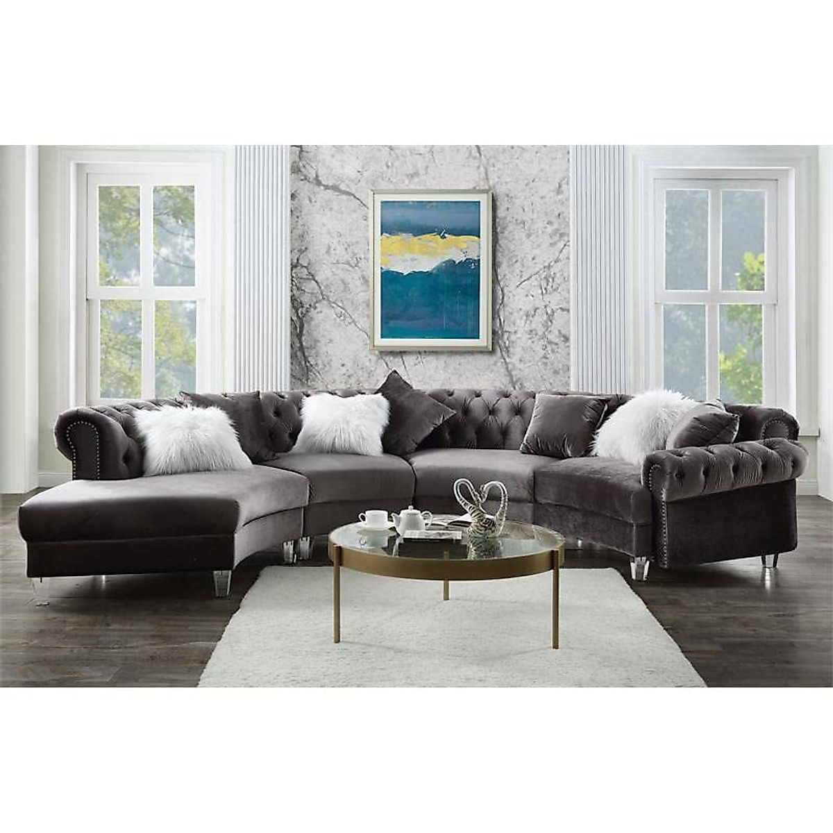 Acme Furniture Velvet Upholstered Sectional Sofa with 7 Pillows, Gray