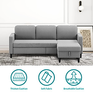 BALUS Convertible Sectional Sofa Couch, 3-Seat L-Shaped, Free-Form with Movable Storage Ottoman, Modern Design for Living Room and Office Spaces, Comfortable and Versatile（Light Gray）