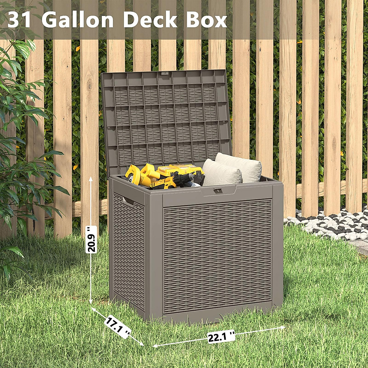 LHBGO 31 Gallon Deck Box, Waterproof Outdoor Storage Box Resin Deck Box Lockable, Lightweight Storage Deck Box for Garden Tools, Supplies