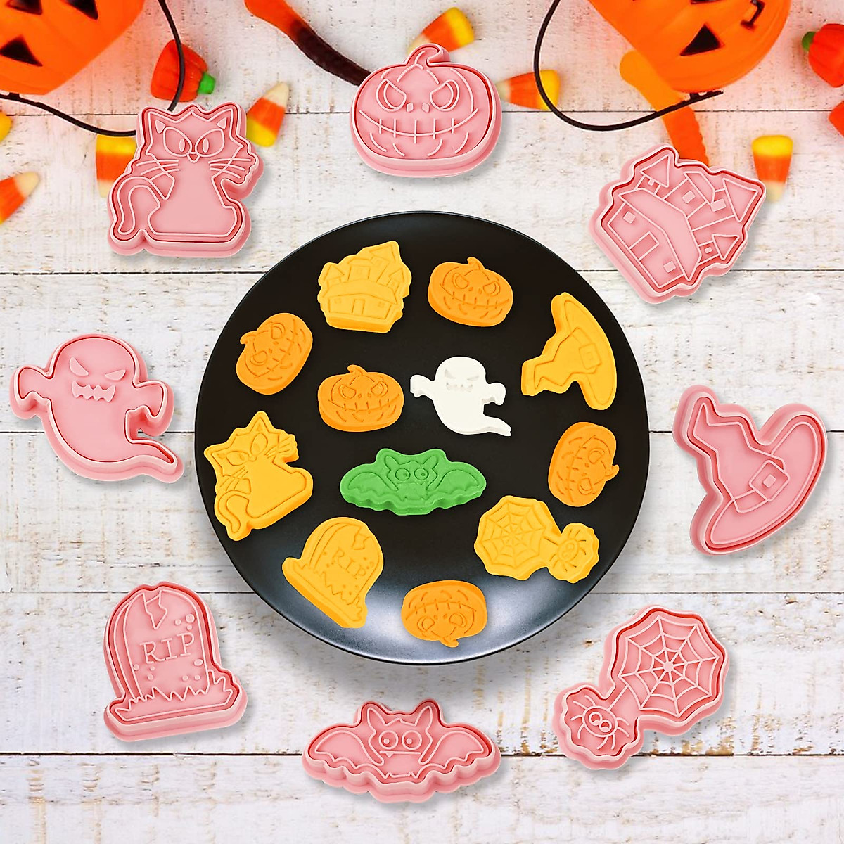 Tuxxzis 8 Pcs Halloween Cookie Cutters Set, 3D Pumpkin, Spooky Cat, Spider, Bat, Witch Hat, Ghost, Tombstone, Horror Castle Cookie Cutters for Party Baking Decoration