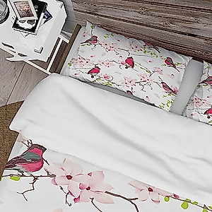 DESIGN ART Designart 'Red Bullfinches On Magnolia Tree' Traditional Duvet Cover Set King Cover + 2 King Shams 3 Piece