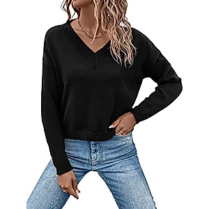 SweatyRocks Women's Casual V Neck Drop Shoulder Pullover Sweater Long Sleeve Knitted Top Black M