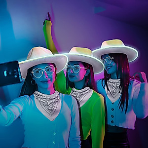 12 Pack Cowboy Hat with Bandanna Heart Sunglasses LED Cowboy Hat Bulk Flashing Cowboy Hat for Adult Party Costume(White)