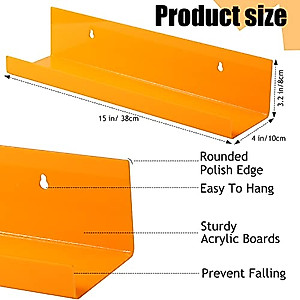 Namalu 4 Pcs Acrylic Floating Shelves 15" Wall Mounted Floating Bookshelf for Kids Room Orange Display Ledge Wall Shelves for Bathroom Bedroom Living Room Kitchen Organizer
