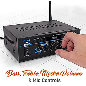 Pyle Home Audio Power Amplifier System - 2X40W Bluetooth Mini Dual Channel Mixer Sound Stereo Receiver Box w/ AUX, Mic Input - For Amplified Speakers, PA, CD Player, Theater via RCA, Studio Use - PTA2