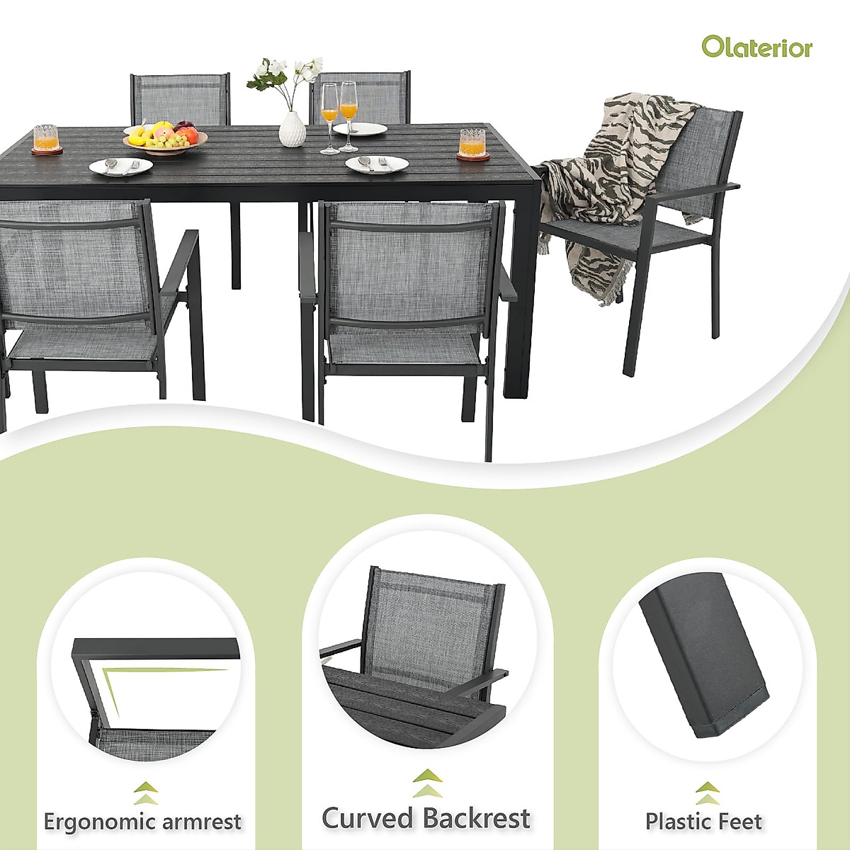 Olaterior Patio Dining Chairs, Outdoor Dining Chair Set of 2, Stackable Outdoor Chairs, All-Weather Textilene Chair with Armrest, Modern Sling Patio Furniture Chair for Lawn Deck, Pool, Mixed Grey