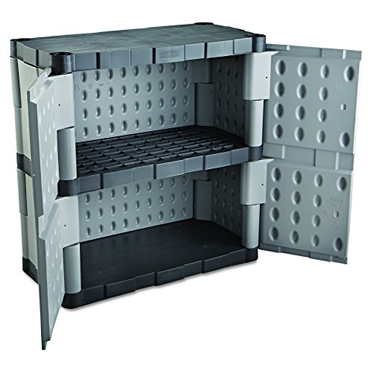 Rubbermaid Double-Door Storage Cabinet, 18" D x 36" W x 37" H, Gray/Black, FG708500MICHR & Deluxe Tool Tower, Garage Storage, Holds 40 Tools, Black (FG5E2800MICHR)