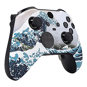 eXtremeRate The Great Wave Patterned Faceplate Cover, Soft Touch Front Housing Shell Case Replacement Kit for Xbox One Elite Series 2, Xbox Elite 2 Core Controller Model 1797 - Accent Rings Included