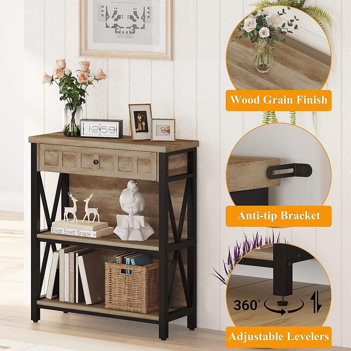 FATORRI Rustic Bookshelf with Drawer, Industrial Wood and Metal Bookcase, Small Book Shelf and Low Book case for Small Space (Rustic Oak)