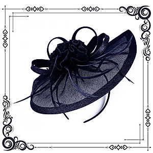dressfan Fascinator Hat Headpiece Womens Vintage Wedding Headband Derby Hat,20s 50s Mesh Feather Flower Hair Clips Headwear for Kentucky Derby/Wedding/Cocktail/Tea Party,Navy Blue