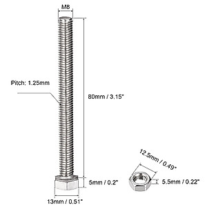 uxcell M8 x 80mm Hex Head Screws Bolts, Nuts, Flat & Lock Washers Kits, 304 Stainless Steel Fully Thread Hexagon Bolts 4 Sets