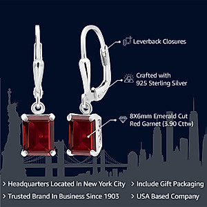 Gem Stone King 925 Sterling Silver 8X6MM Emerald Cut Gemstone Birthstone Leverback Drop Dangle Earrings For Women