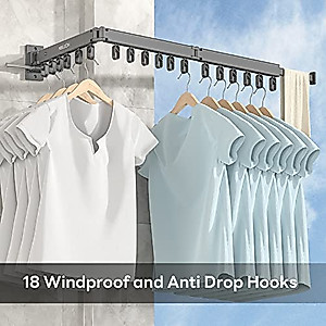 Mbillion Tri Folding Clothes Drying Rack with Extended Arm 48'' Long,Laundry Drying Rack,Wall Mounted Drying Racks for Laundry with Ring Type Hooks Heavy Duty, for Balcony,Laundry,Bathroom, Grey