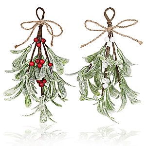 TIESOME Christmas Mistletoe Decor, 2 Pcs Artificial Mistletoe Ornament Mistletoe Hanging Decorations Glitter Christmas Tree Accessories Artificial Dry Leaf Hanging Decoration for Tree Door