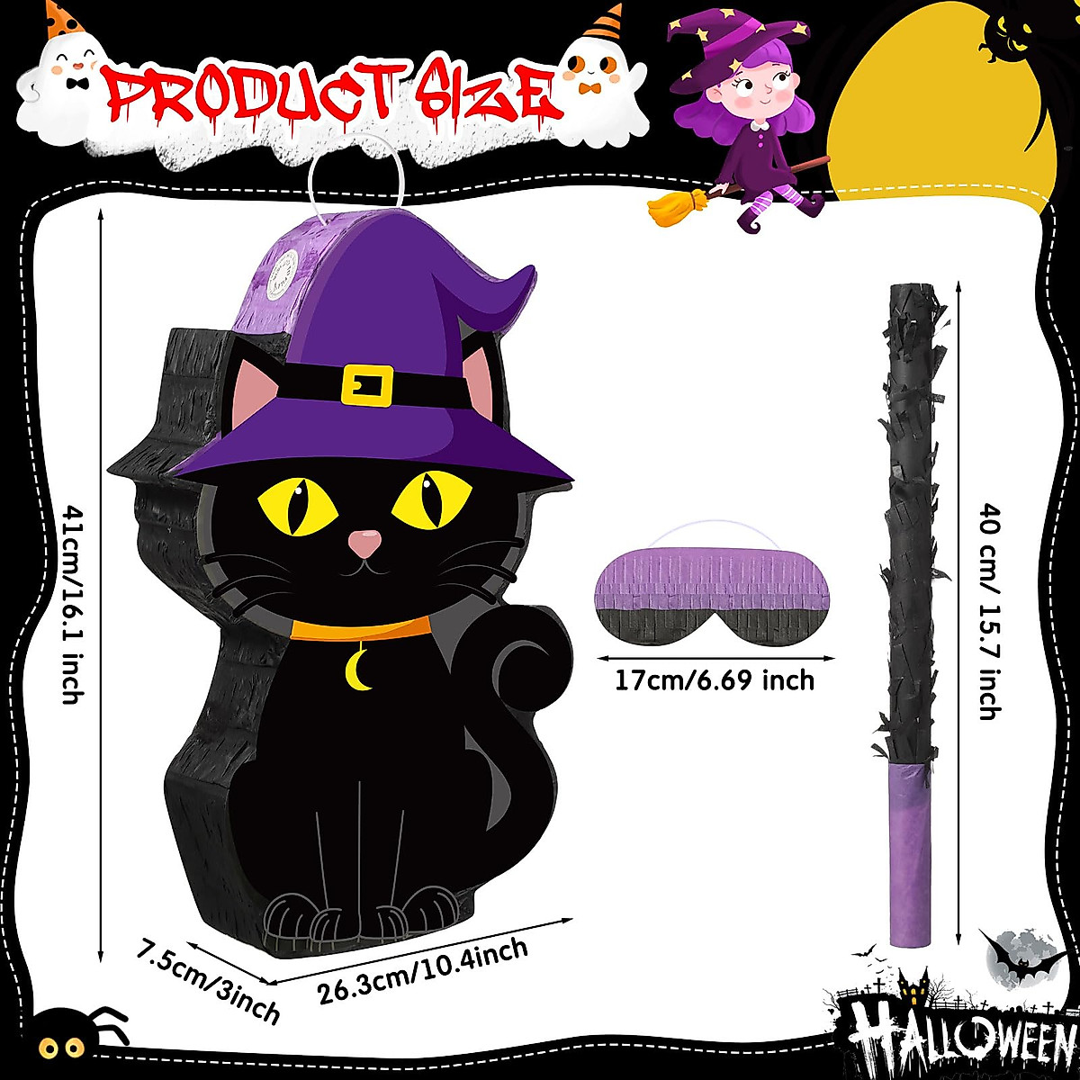 Aoriher Halloween Piñata Halloween Cat Piñata Spooky Halloween Party Supplies Black Cat Candy Filled Piñata with Stick Blindfold Set for Birthday Halloween Theme Party Decoration