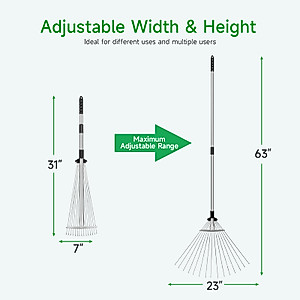 GreatBuddy Adjustable Leaf Rake, 7"-23" Expandable Width, Perfect for Shrub, Flower Bed, Lawn, Yard, Garden Cleaning, Lightweight Aluminum Retractable Handle for Easy Use