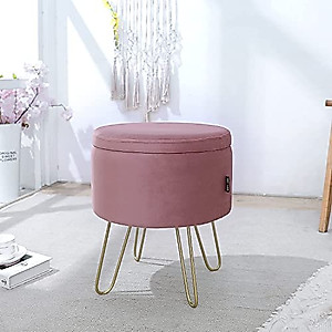 SOFT ASS Fashionable Velvet Round Storage Ottoman Footrest Stool with Vanity Chair and Tray Top Coffee Table/Gold Metal U-Legs (Deep Pink)
