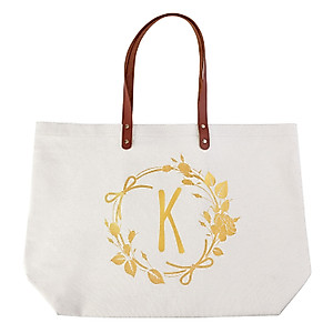 ELEGANTPARK Birthday Gifts for Women Mom Friend Personalized Bag with K Letter Teacher Gifts Bridesmaid Gifts Monogrammed Gifts for Women Canvas Tote Bag and Makeup Bag 2 Pcs