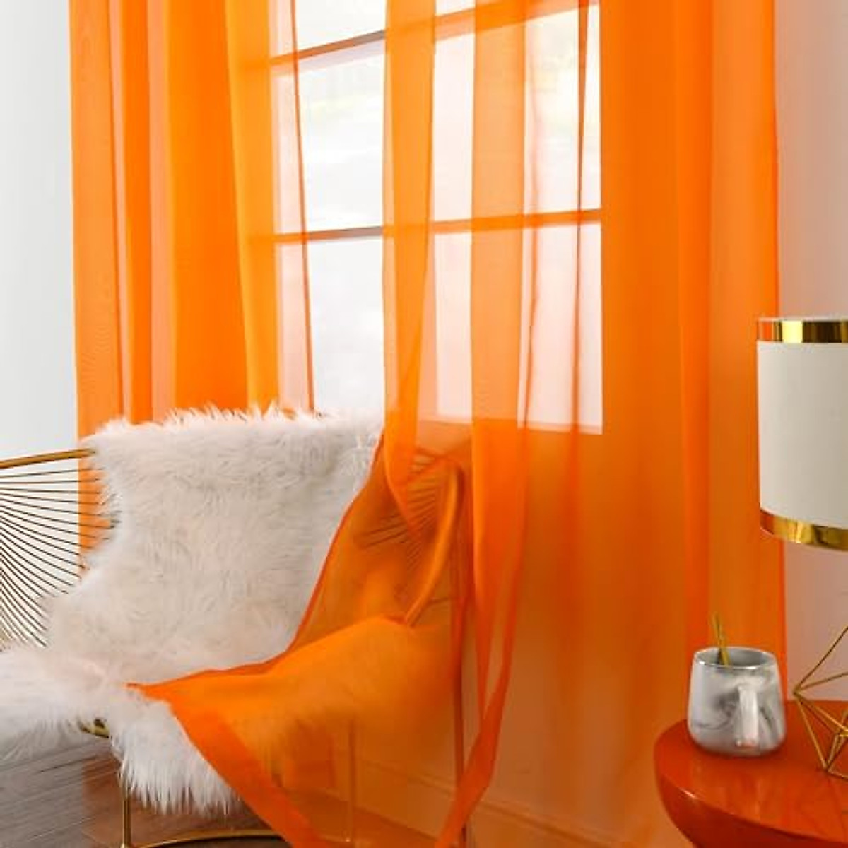 youleyar Solid Sheer Rod Pocket Curtain Voile Draperies 2 Panels White Beige Black Grey Coffee 52 Inch Width 54 Inch Long 1 Pair for Kitchen Bedroom Children Living Room Yard (Orange,52Wｘ54L)