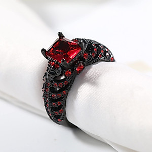 Ringcrown Couple Rings Matching Ring Black Skull Ring Red CZ Womens Wedding Ring Punk Ring