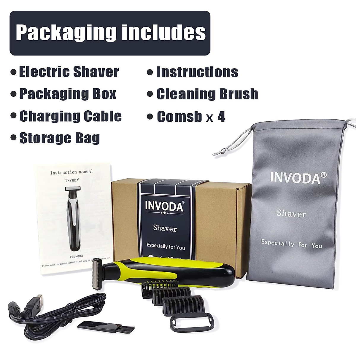 INVODA Electric Shaver for Men Rechargeable Razors Face and Body One Blade Trimmer Waterproof Wet & Dry