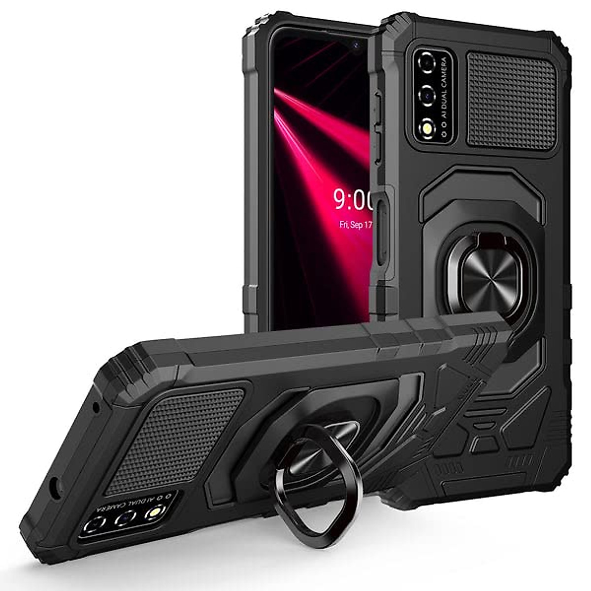spycase Case Compatible for T-Mobile REVVL V Case w/Tempered Glass Screen Protector [Military Grade] Ring Car Mount Kickstand Shockproof Hard Phone Case - Black