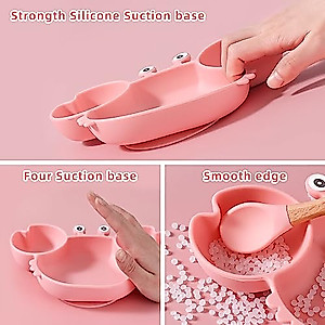 Baby Feeding Set, 9 in 1 Silicone Toddler Weaning Set- Adjustable Bib, Crab Pattern Divided Plate, Sucking Bowl, 2 Pairs of Feeding Spoons and Forks, Snack Cup, Drinking Cup for Babies and Toddler
