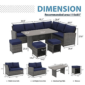 JOIVI 7 Piece Patio Furniture Set, Outdoor Dining Sectional Sofa Set with Aluminum Top Dining Table, Rattan Dining Conversation Furniture Set with Ottomans for Deck, Backyard, Navy Blue