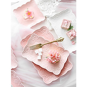 Jusalpha® Fine China Rectangle Embossed Lace Plate (12 Inches, Pink, 2 Set)