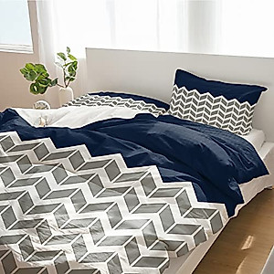 Nautical Navy Blue Twin Duvet Covers Zig Zag Stripe 3-Piece Bedding Sets Luxury Soft Microfiber Bed Comforter Protector with Pillow Cases for Women Men Girl Boy Grey White Chevron