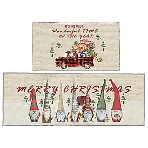 LUOWAN Christmas Gnomes Truck Tree 2 Piece Kitchen Mat Set, Farmhouse Non-Slip Anti-Fatigue Wooden Grain Standing Mats, Retro Xmas Comfort Throw Rug for Kitchen Laundry Office, 17"x29"+17"x47"