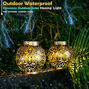 FENGTAI Waterproof Solar Lantern Outdoor, 2 Pack Hanging Lights Decorative Retro Metal Solar Lights for Table Patio Yard Pathway Walkway Garden