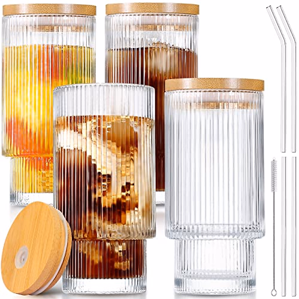 GMISUN Glass Cups with Lids and Straws, Iced Coffee Cups with Lids, Ribbed Glassware, Drinking Glasses with Bamboo Lids, Cocktail Glasses Vintage Glassware 12oz for Cocktail, Gift
