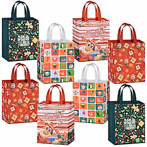 AhfuLife 8 PCS Small Christmas Gift Bags, 10.2'' x 8.2''x 4.7'', Reusable Non-Woven Christmas Tote Bags with Handles, Christmas Treat Bags for Kids Xmas Candy Party Favors Decorations