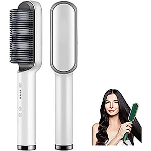 Negative Ion Hair Straightener Styling Comb with 5 Temp, 2 in 1 Hair Straightener Brush and Curler, Anti Scald Fast Heating Hair Straightener Comb for Home Travel Salon (Color : White)