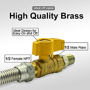 TT FLEX One Stop Gas Appliance Hook Up Kit, 22" Stainless Steel Flexible Gas Connector with 1/2" Brass Gas Shut off Valve and Fittings for Gas Log, Stove, Garage Heater, Dryer, Fireplace, 6-Piece