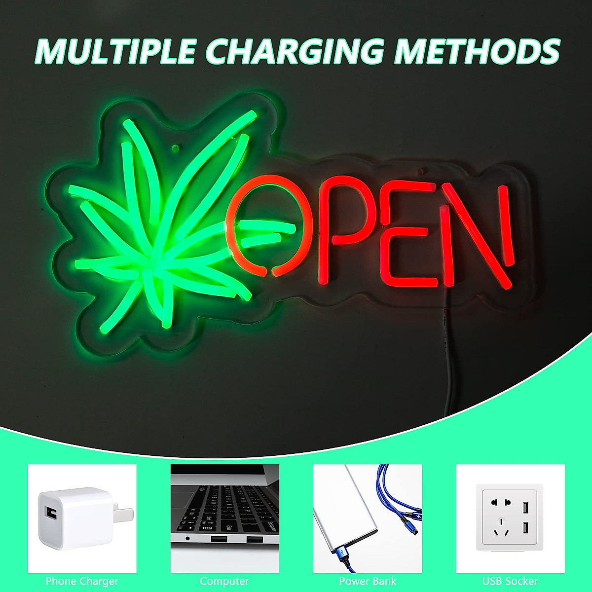 Moodlion Open Neon Sign, Neon Signs for Wall Decor, Dimmable Neon Green Leaf LED Signs for Bedroom Aesthetic, Light Up Neon Signs for Hotel Beer Bar Man Cave Club Pub Party Decorations