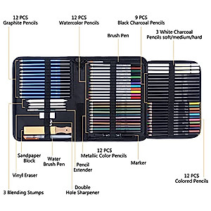 EGOSONG Professional Drawing Supplies Art Set – 73 Piece Sketching Kit with Sketch Book Tutorial Graphite Charcoal & Watercolor Metallic Color Pencils – Artist Kit for Beginners, Adults, Teens