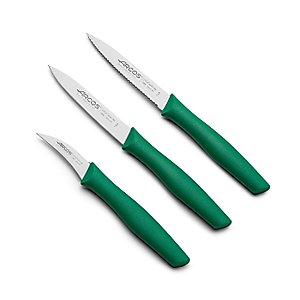 ARCOS 3 Pieces Paring Knife Set. 3 Peeling Knives of Stainless Steel and Ergonomic Polypropylene Handle for Cutting Fruits, Vegetables and Tubers. Series Nova. Color Green