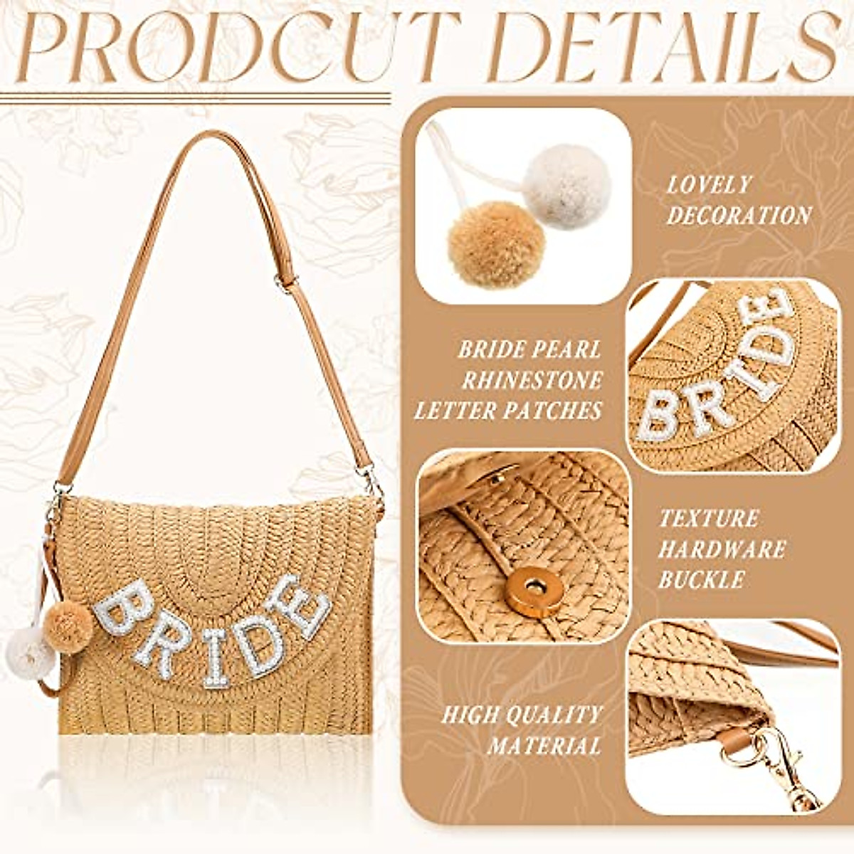 Pinkunn Bride Straw Shoulder Bag For Women Straw Clutch Bag Pearl Rhinestone Wedding Summer Beach Vacation Bridal Shower Gift (Bride Style)