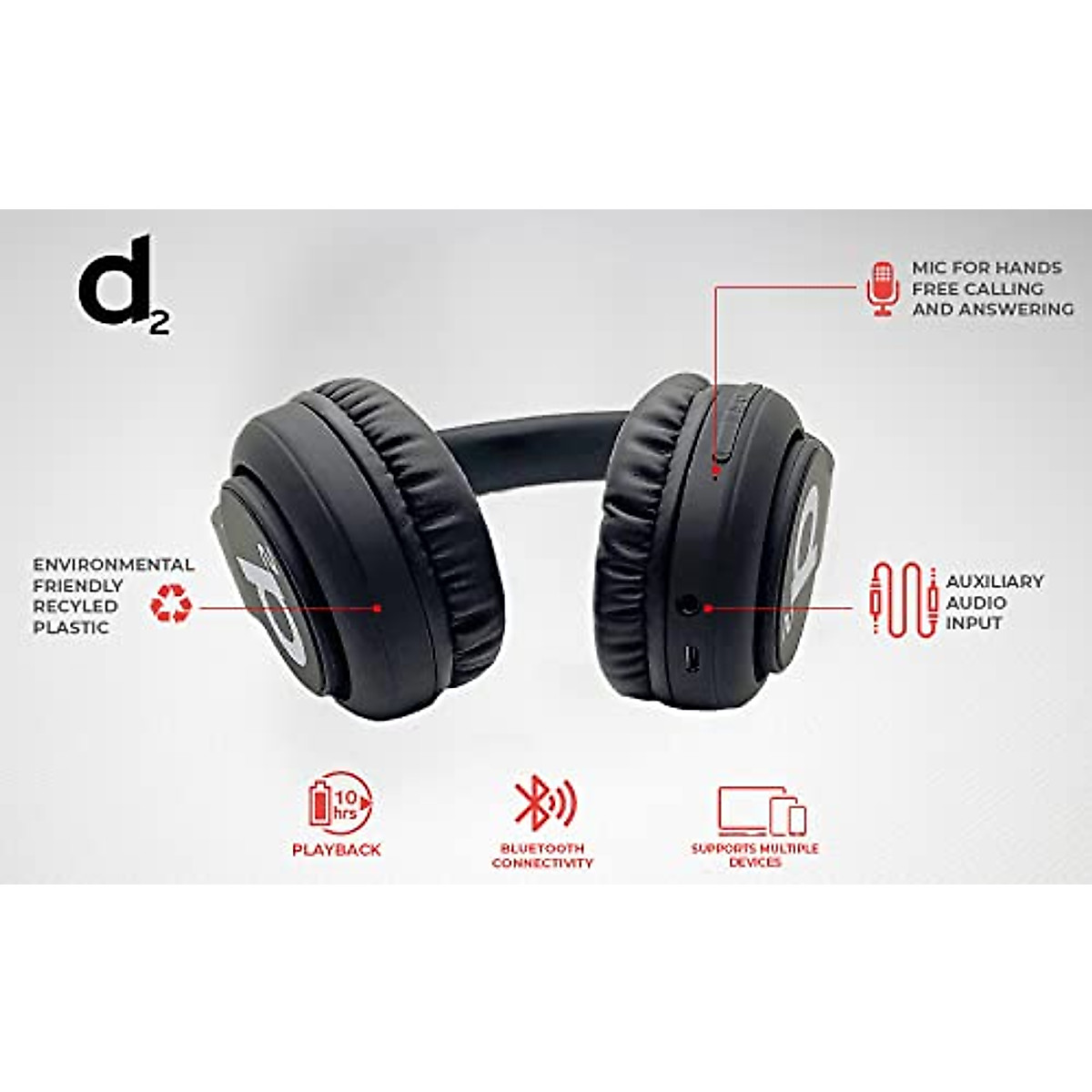 D2 Bluetooth Wireless On-Ear Headphones with Mic (Red)