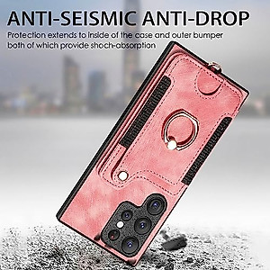 AIYZE ATOP Compatible with Samsung Galaxy S22 Ultra Case Wallet Leather | Wrist Strap | Kickstand | Card Slot | RFID Blocking | Ring Hoder | Magnetic Car Mount Function Phone Cover - Pink