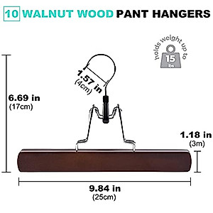 Amber Home Walnut Wooden Pants Hangers 10 Pack, Wood Clamp Hangers with Non Slip Padded Velvet, Jeans/Slacks Hangers Hair Extension Hangers for Skirts, Trousers, Wigs (Walnut, 10)
