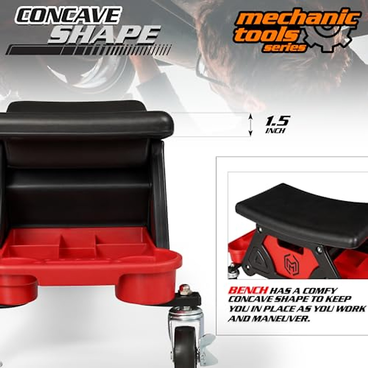 M-AUTO Rolling Mechanic Stool Garage Roller Chair Creeper Seat w/Storage Tool Tray and Drawers,300LBS Capacity Workbench Stool with Lockable Rollers for Home Garage DIY Automotive, 25" Red