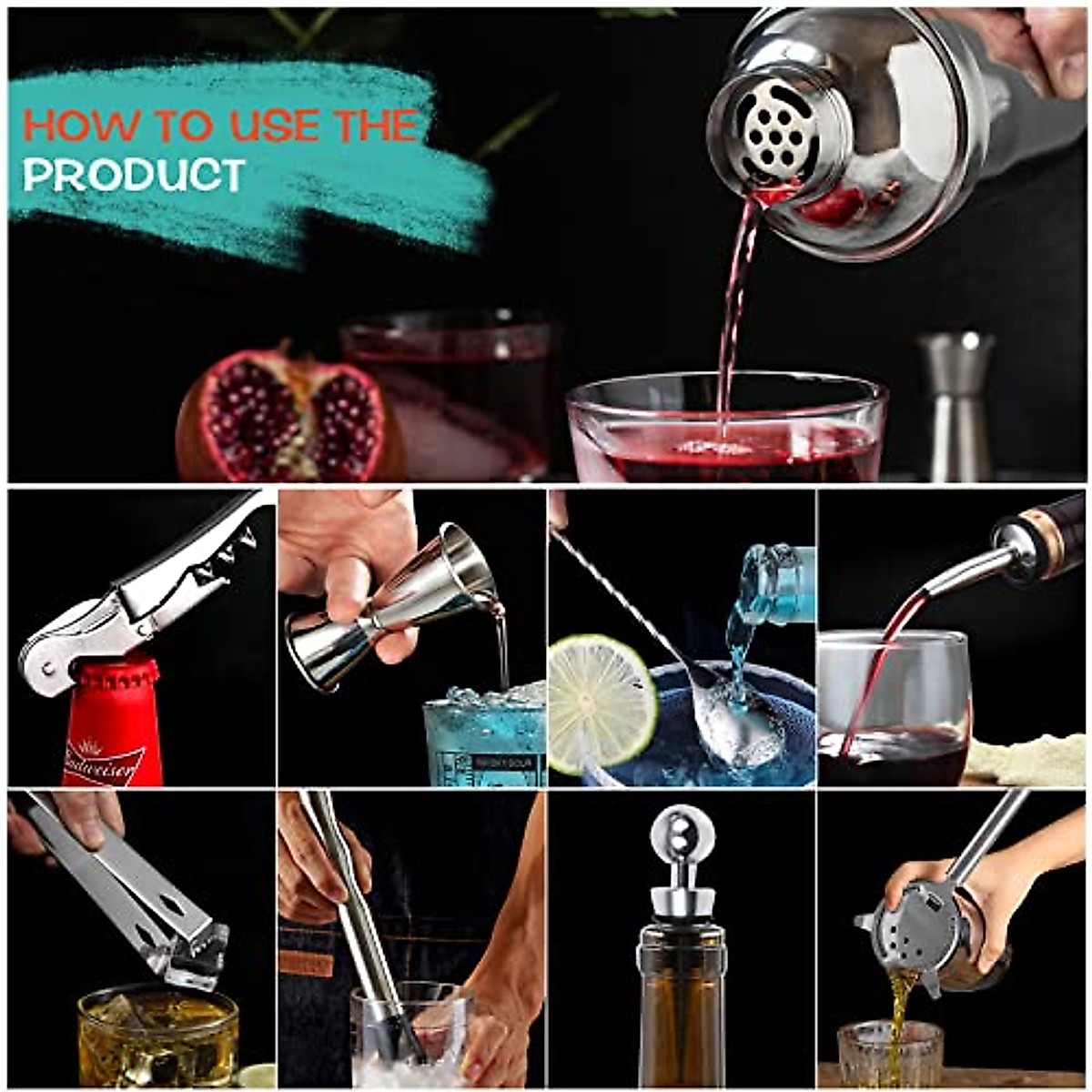 Bartender Kit,Cocktail Shaker Set,Bar Mixing Set with 24oz Stainless Steel and Bamboo Stand, Bar Set with Recipe by Bournis