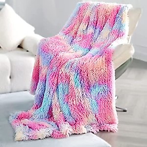 Super Soft Faux Fur Throw Blanket, Reversible Lightweight Rainbow Blanket 51" x 62", Fluffy Plush Shaggy Blanket, Colorful Decoration for Couch Sofa Chair, Rainbow Color
